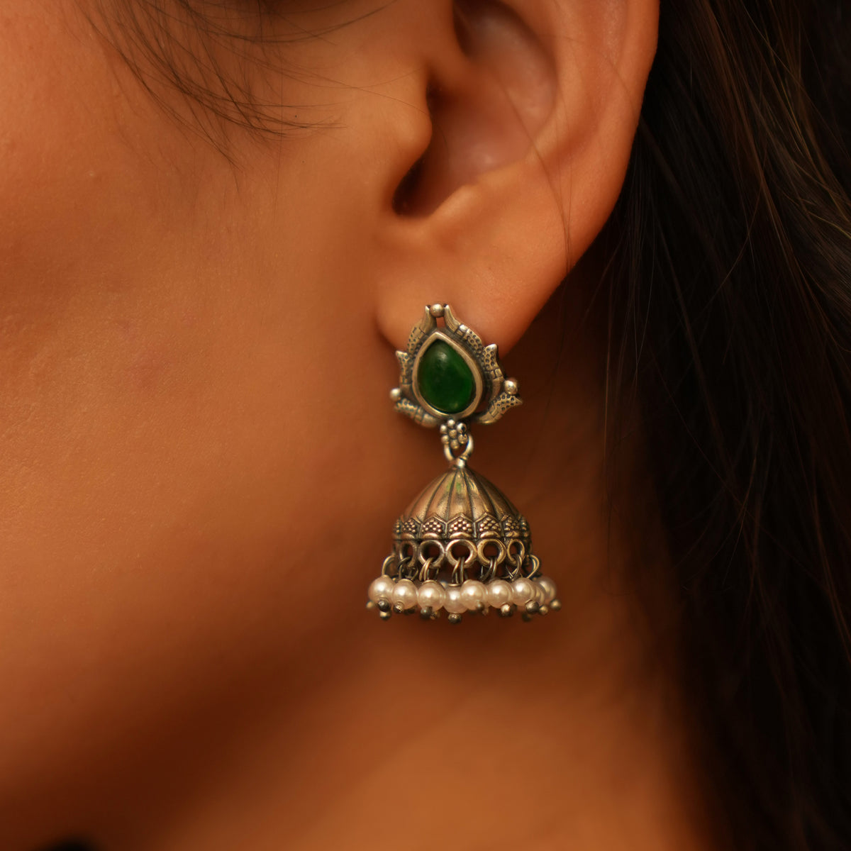Exotic Emerald Oxidised Silver Earrings with Pearl Poai | Elegant ...